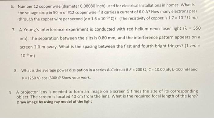 Solved 6. Number 12 copper wire diameter 0.08080 inch) used | Chegg.com