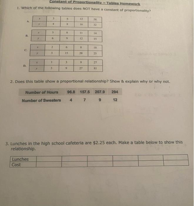 Solved Constant of Proportionality - Tables Homework 1. | Chegg.com