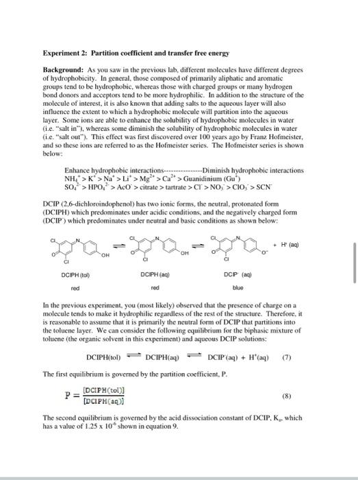 Experiment 2: Partition coefficient and transfer free | Chegg.com