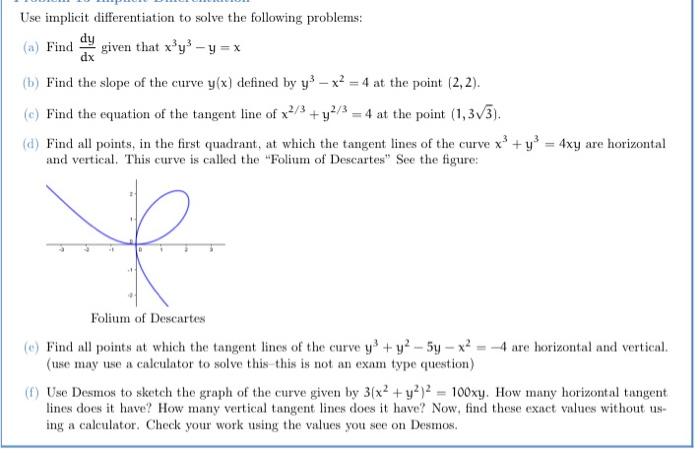 Solved Use implicit differentiation to solve the following | Chegg.com