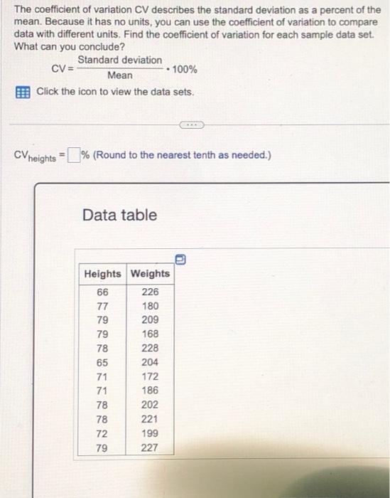 Solved The Coefficient Of Variation Cv Describes The