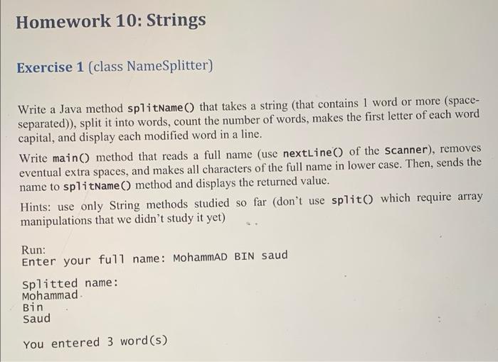 Solved Homework 10: Strings Exercise 1 (class NameSplitter) | Chegg.com