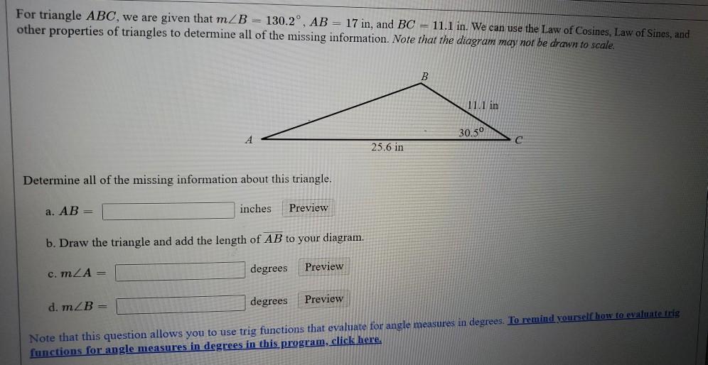 Solved For triangle ABC, we are given that m B = 130.2, AB = | Chegg.com