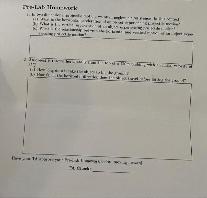 Solved Pre-Lab Homework 1. In two-dimensional projectile | Chegg.com
