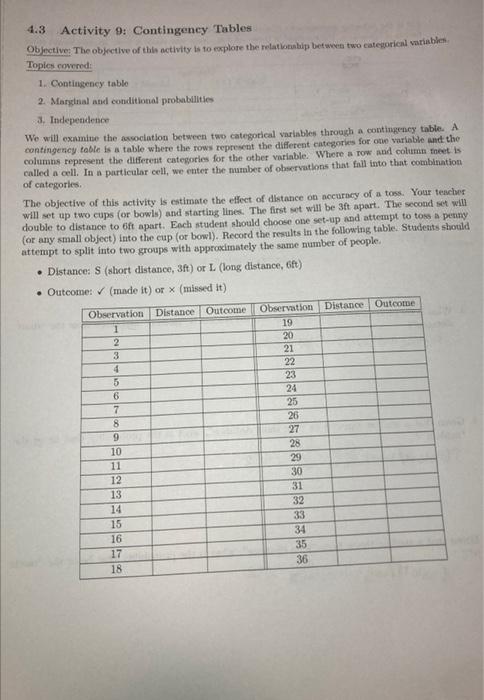 4.3 Activity 9: Contingency Tables Objecive: The | Chegg.com