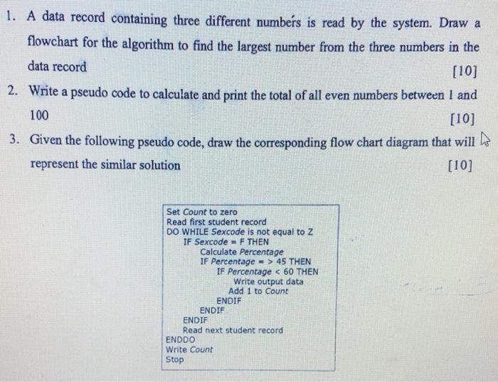 Solved 1. A data record containing three different numbers | Chegg.com