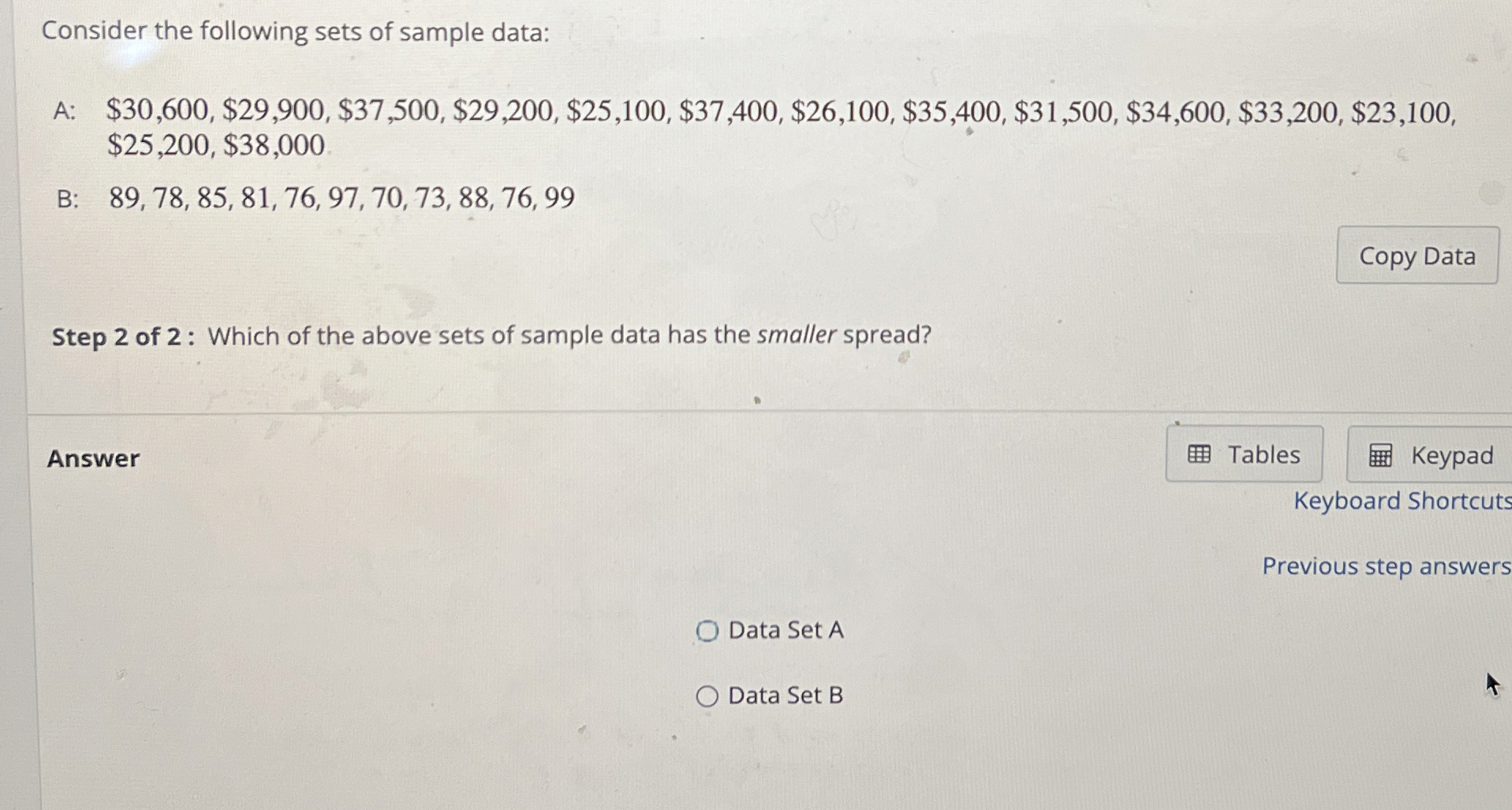 Solved Consider the following sets of sample data:A: | Chegg.com