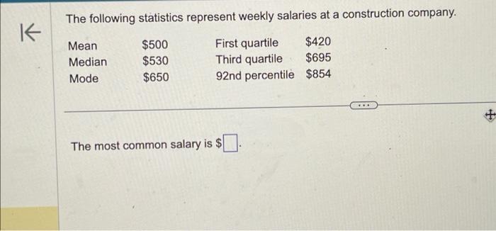 Solved The following statistics represent weekly salaries at | Chegg.com