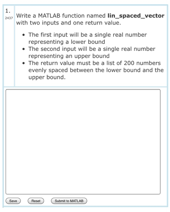 Solved 2437 Write a MATLAB function named lin_spaced_vector | Chegg.com