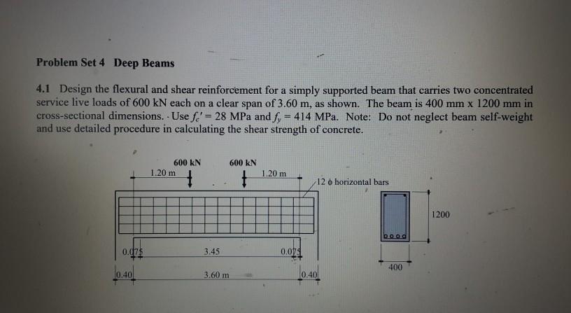 Solved Problem Set 4 Deep Beams 4.1 Design the flexural and | Chegg.com