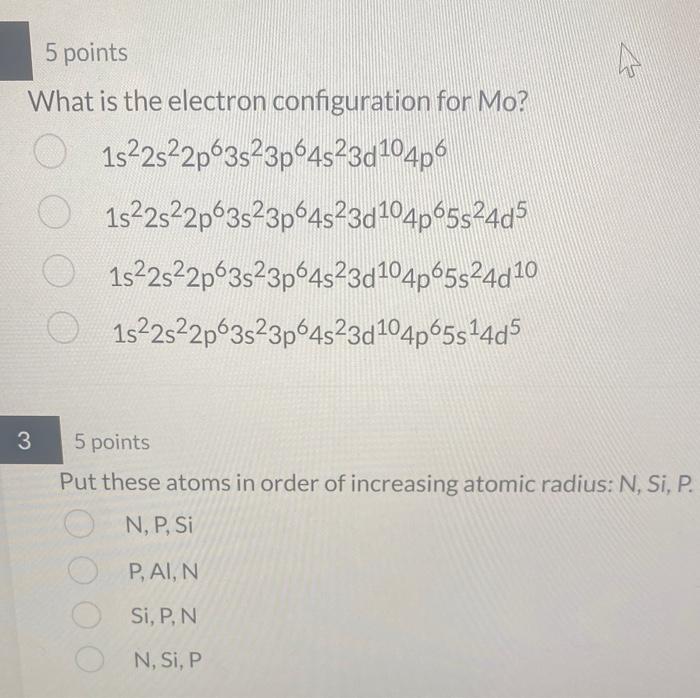 Solved What is the electron configuration for Mo? | Chegg.com