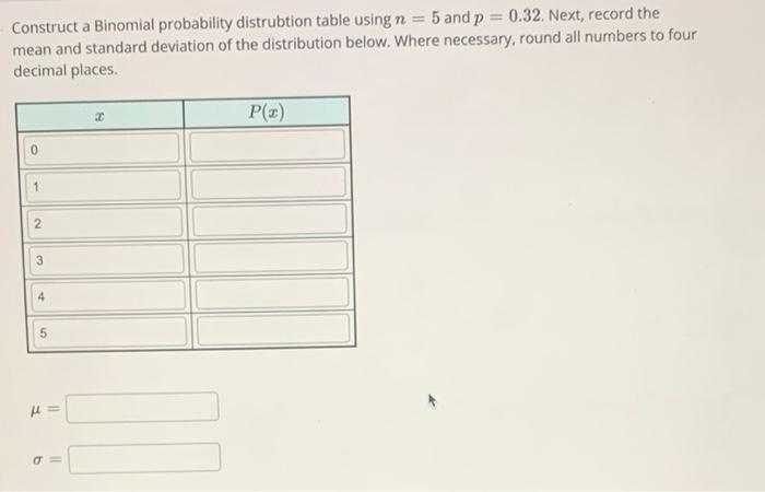 Solved Construct a Binomial probability distrubtion table | Chegg.com