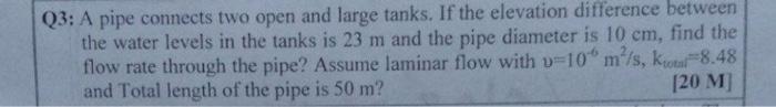 Solved Q3: A pipe connects two open and large tanks. If the | Chegg.com