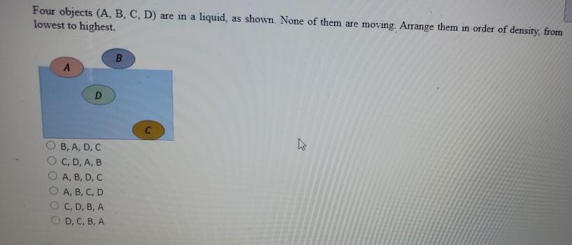 Solved Four objects (A, B, C, D) are in a liquid, as shown. | Chegg.com