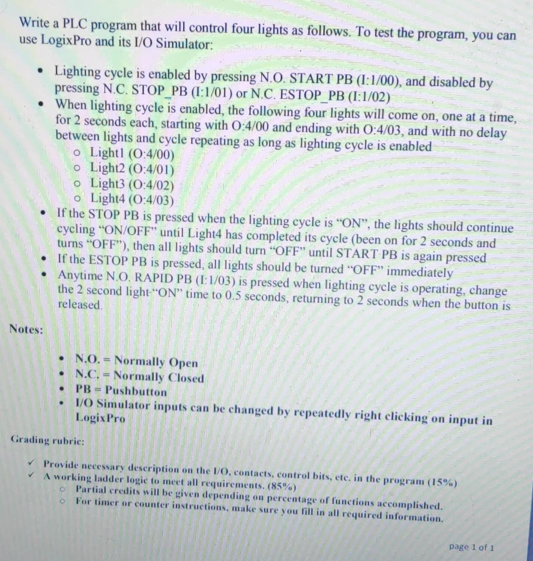 Solved Write a PLC program that will control four lights as | Chegg.com