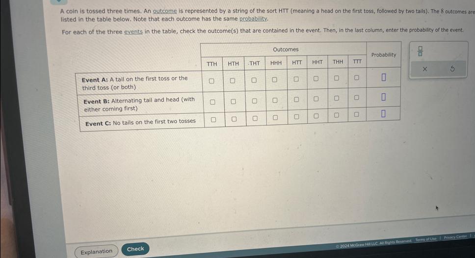 Solved A coin is tossed three times. An outcome is | Chegg.com