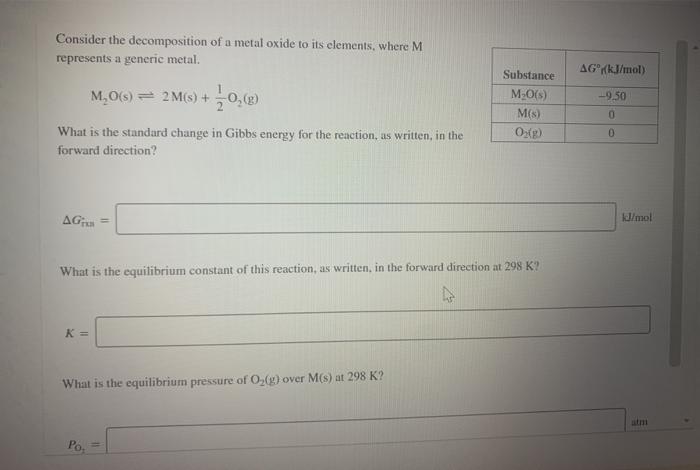 Solved Consider the decomposition of a metal oxide to its | Chegg.com