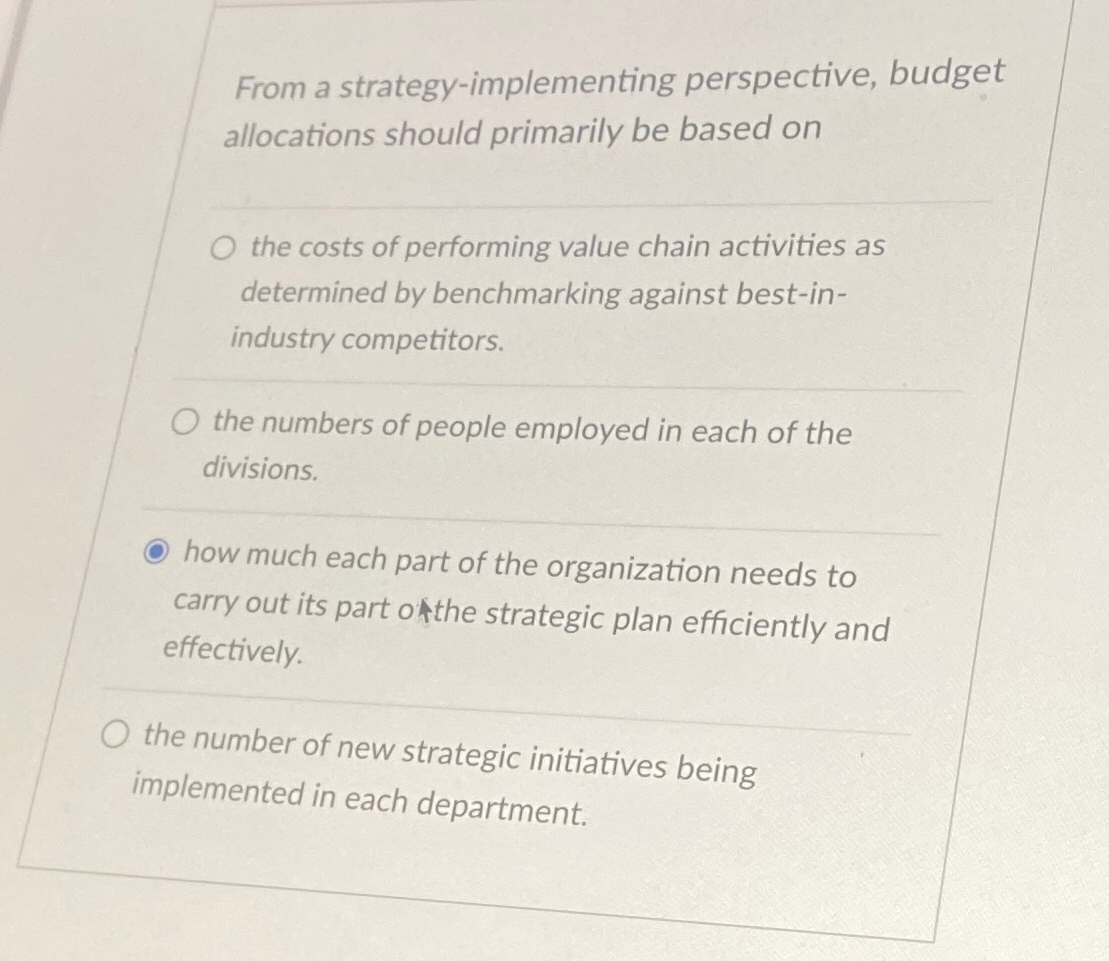 Solved From a strategy-implementing perspective, budget | Chegg.com