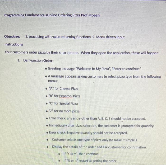 Solved Programming FundamentalsOnline Ordering Pizza Prof | Chegg.com