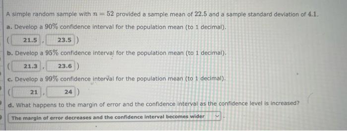 Solved A simple random sample with n=52 provided a sample | Chegg.com