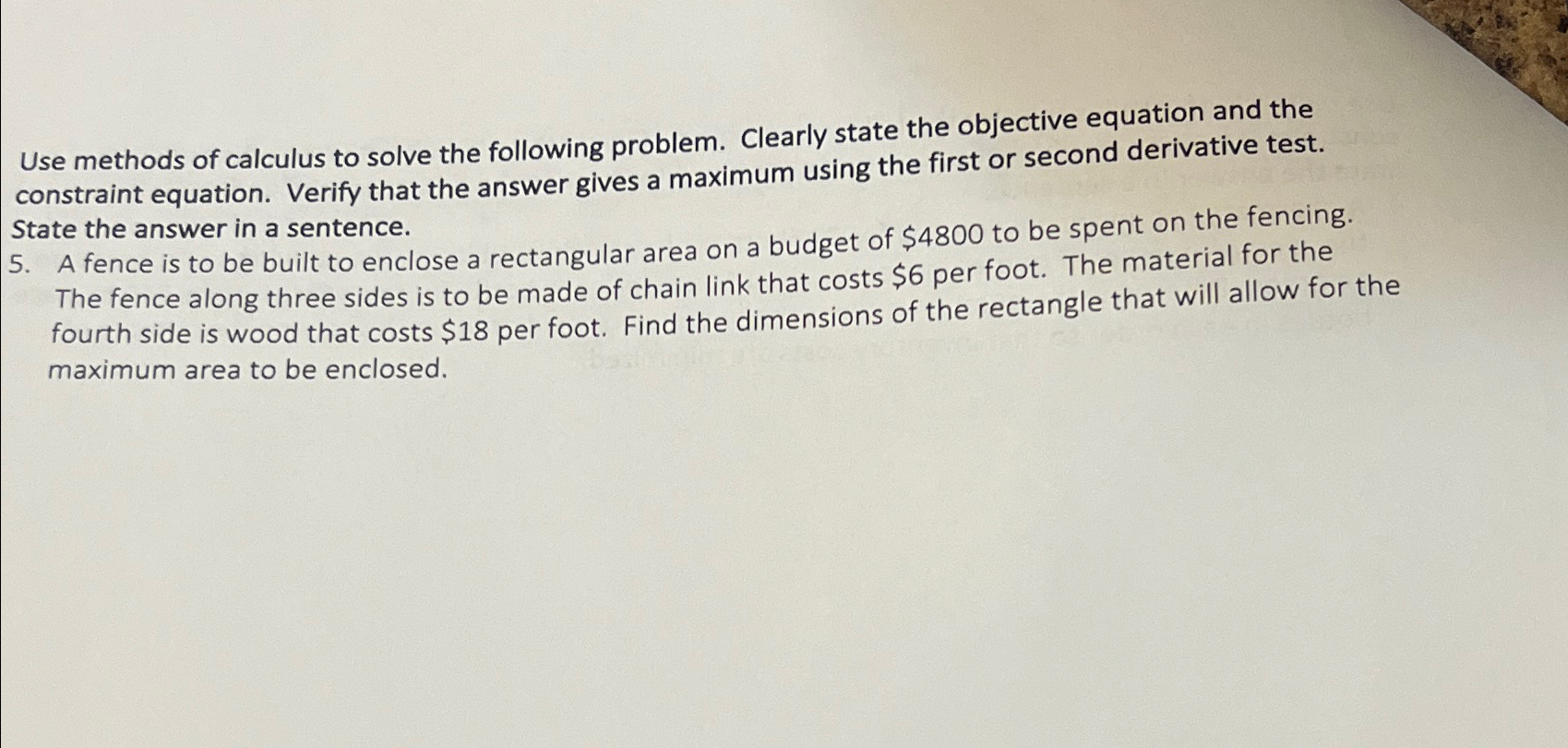 Solved Use methods of calculus to solve the following | Chegg.com