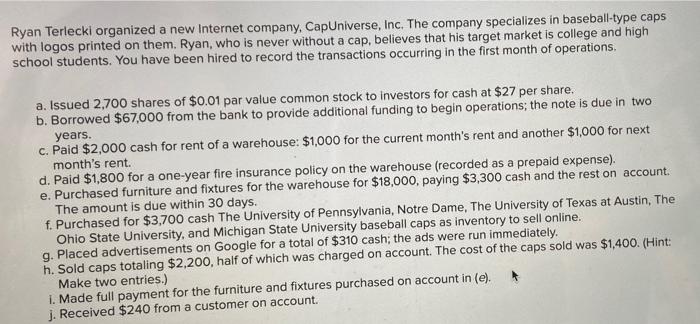 Solved Ryan Terlecki organized a new Internet company, Cap | Chegg.com