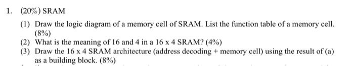 Solved 1. (20%) SRAM (1) Draw the logic diagram of a memory | Chegg.com