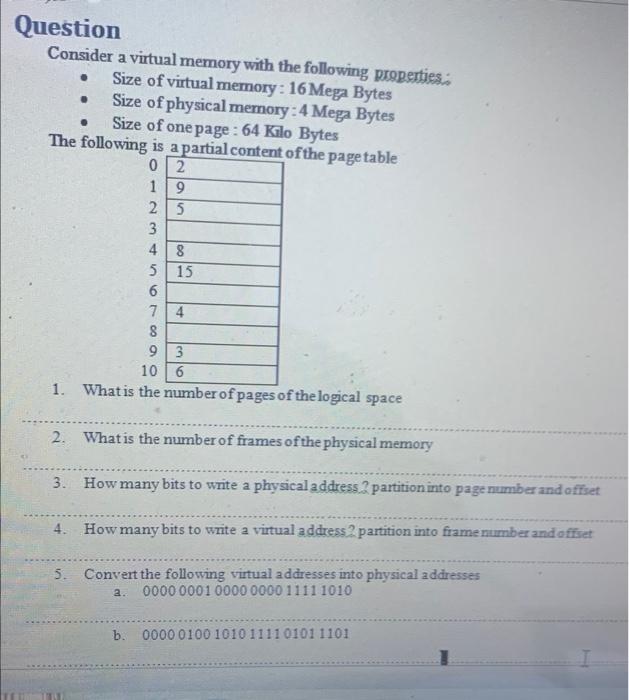 Solved Question Consider a virtual memory with the following | Chegg.com