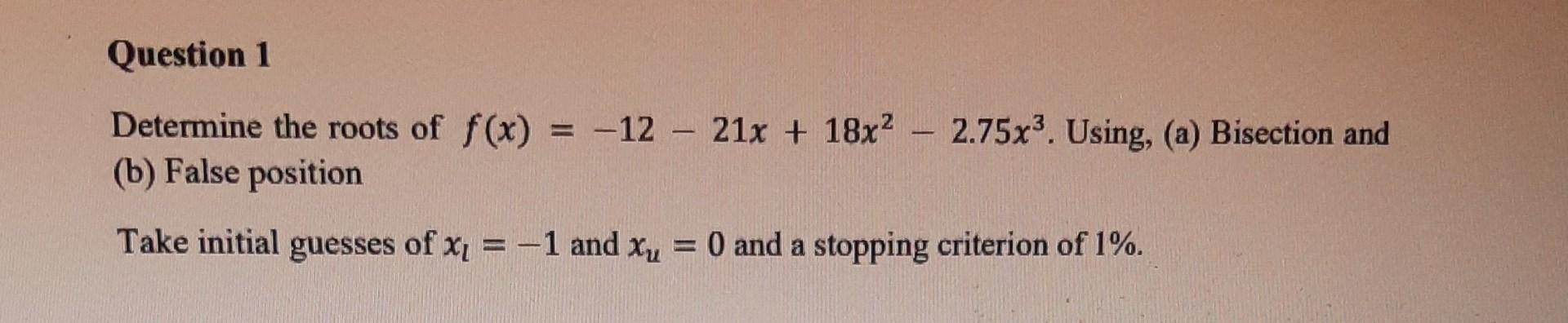 Solved Determine the roots of f(x)=−12−21x+18x2−2.75x3. | Chegg.com