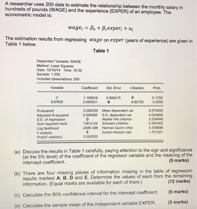 Solved A researcher uses 200 data to estimate the | Chegg.com
