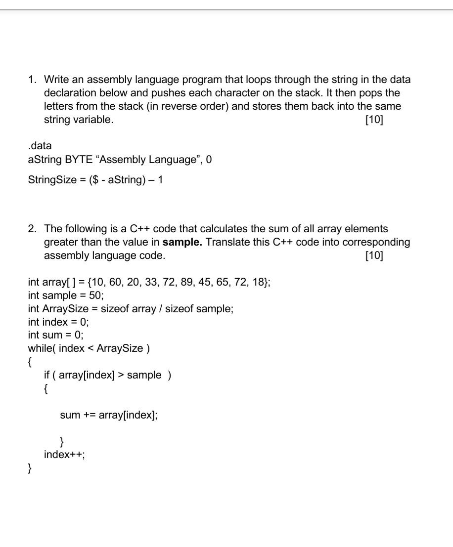 Solved 1. Write an assembly language program that loops | Chegg.com