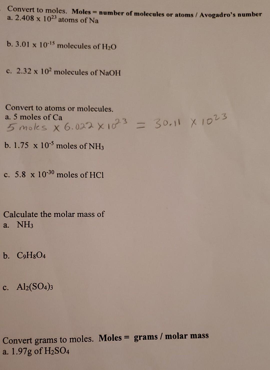 Solved Convert to moles. Moles = number of molecules or | Chegg.com