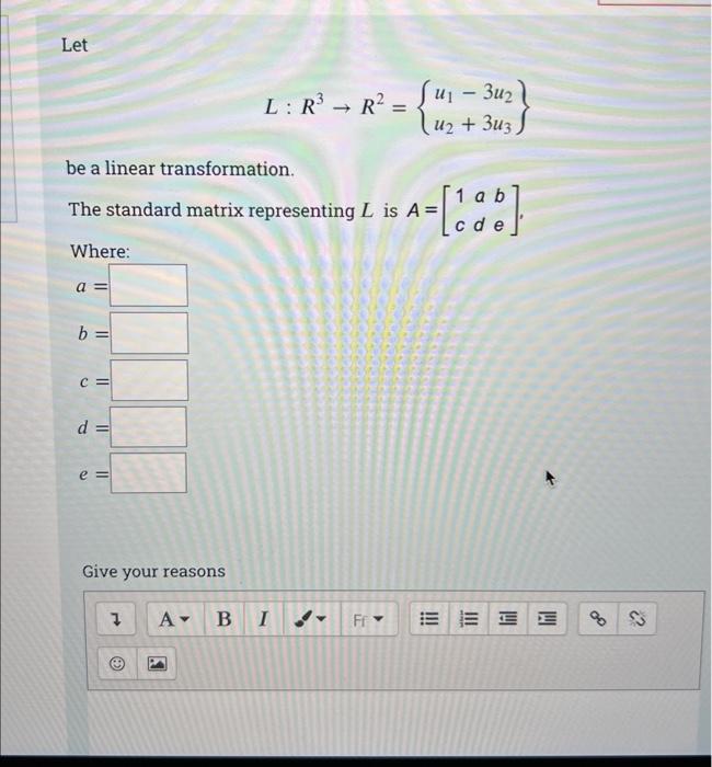 Solved Let L:R3→R2={u1−3u2u2+3u3} be a linear | Chegg.com