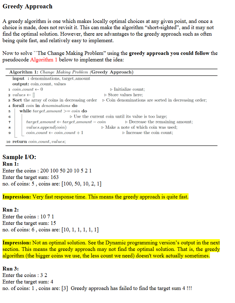 Solved Problem Description: The change-making problem | Chegg.com