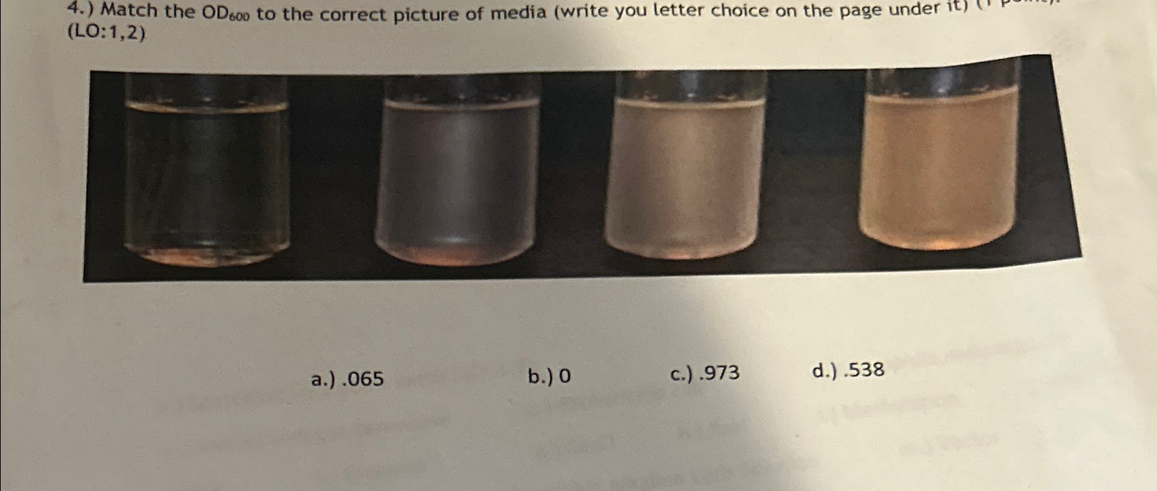Solved 4.) ﻿Match the OD600 ﻿to the correct picture of media | Chegg.com
