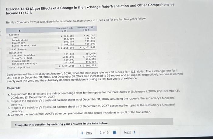 Solved Exercise 12-13 (Algo) Effects of a Change in the | Chegg.com