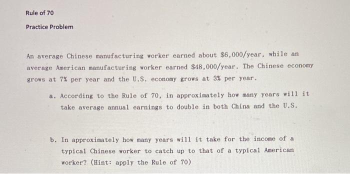 Solved Rule of 70 Practice Problem An average Chinese | Chegg.com