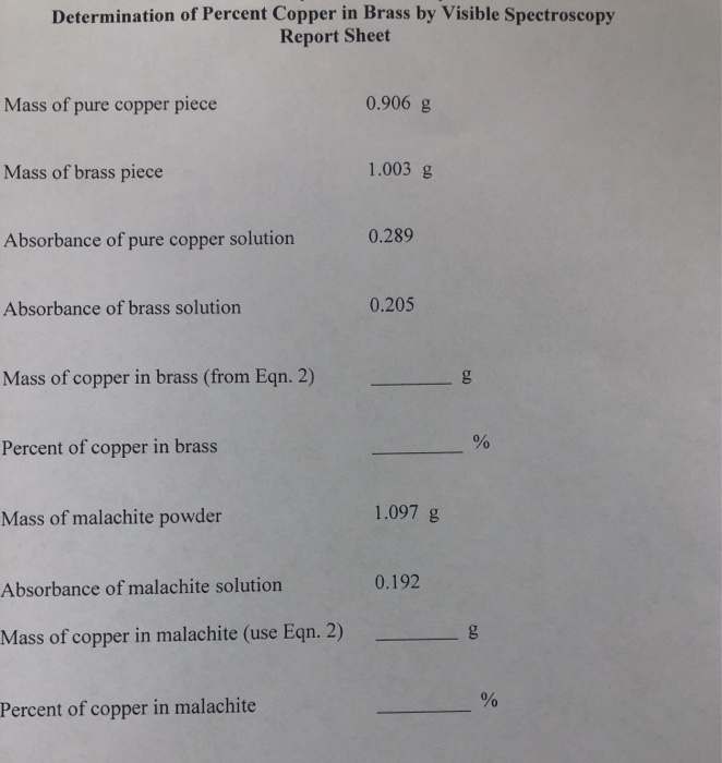Determination of Percent Copper in Brass by Visible | Chegg.com