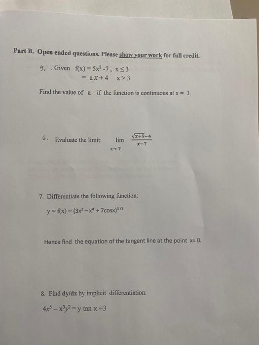 Solved Part B. Open ended questions. Please show your work | Chegg.com