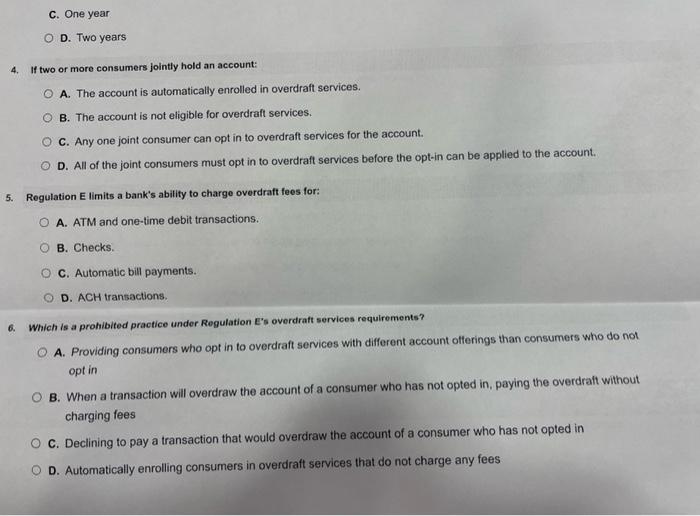 Solved 1. Which statement is TRUE? Regulation E's overdraft | Chegg.com