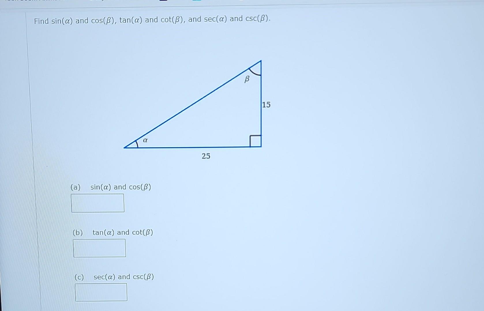 Solved Find sin(α) and cos(β),tan(α) and cot(β), and sec(α) | Chegg.com