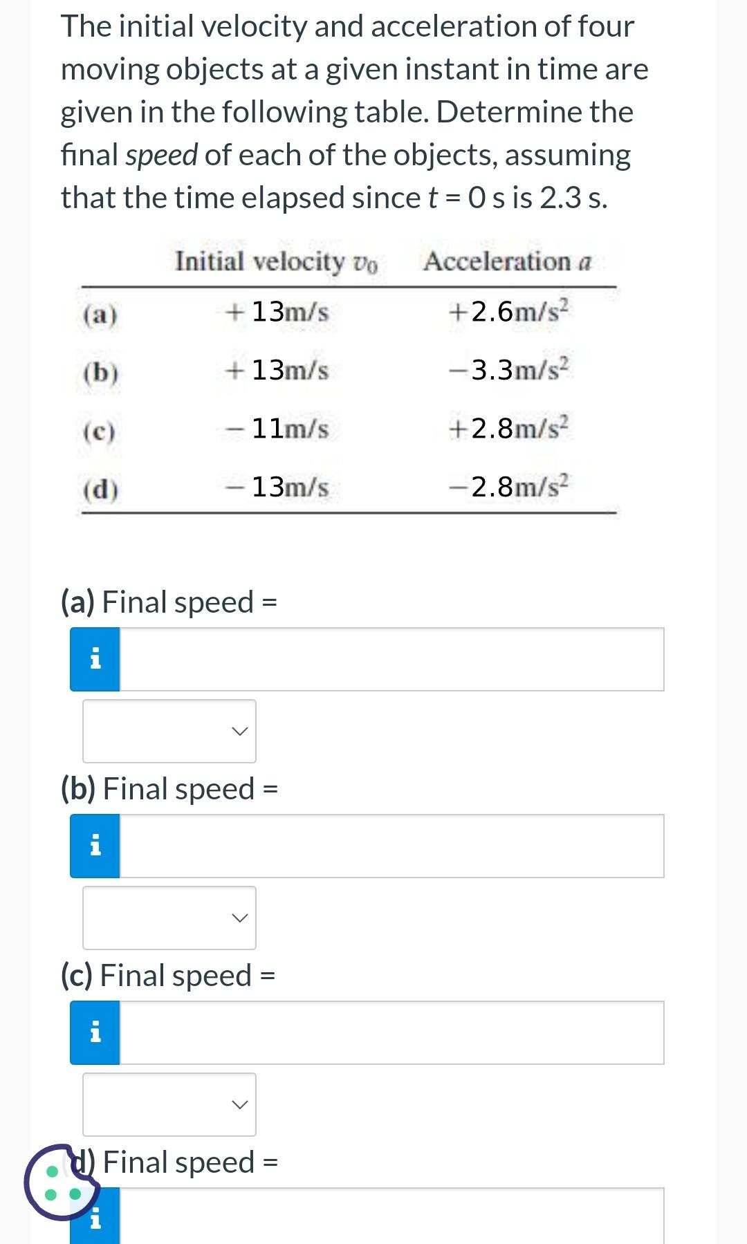 Solved The initial velocity and acceleration of four moving | Chegg.com