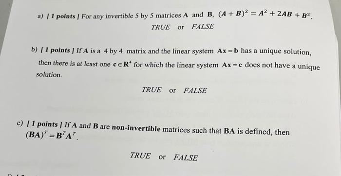 Solved a) [1 points ] For any invertible 5 by 5 matrices A | Chegg.com
