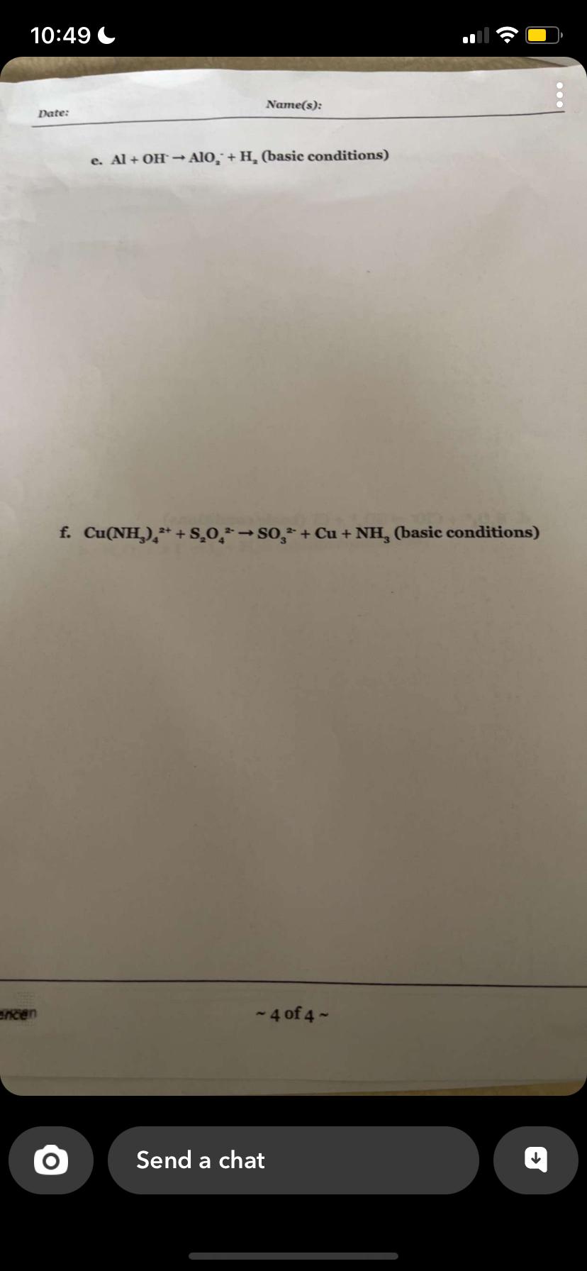 Solved 10:49Date:Name(s):e. Al+OH-→AlO2-+H2 (basic | Chegg.com