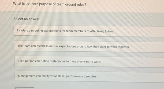 Solved What is the core purpose of team ground rules? Select | Chegg.com