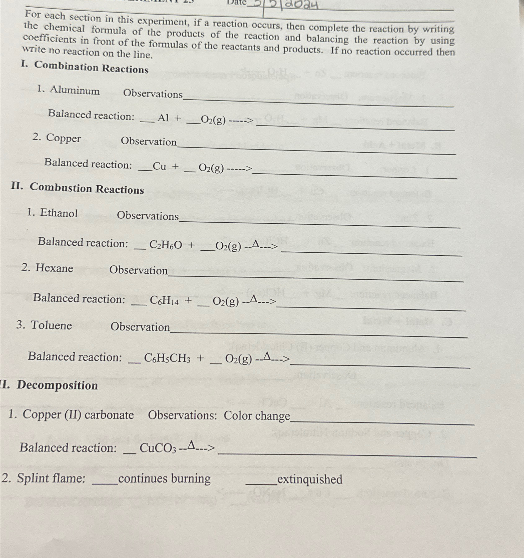 Solved For each section in this experiment, if a reaction | Chegg.com