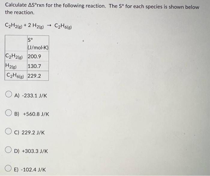 Solved Calculate Δs∘rxn For The Following Reaction The S∘