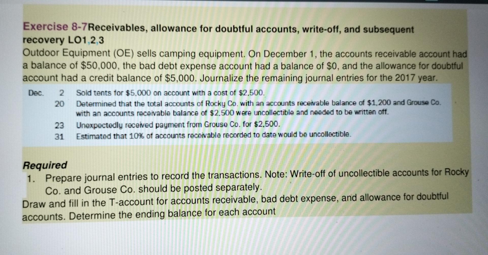 Solved Exercise 8-7 Receivables, allowance for doubtful | Chegg.com