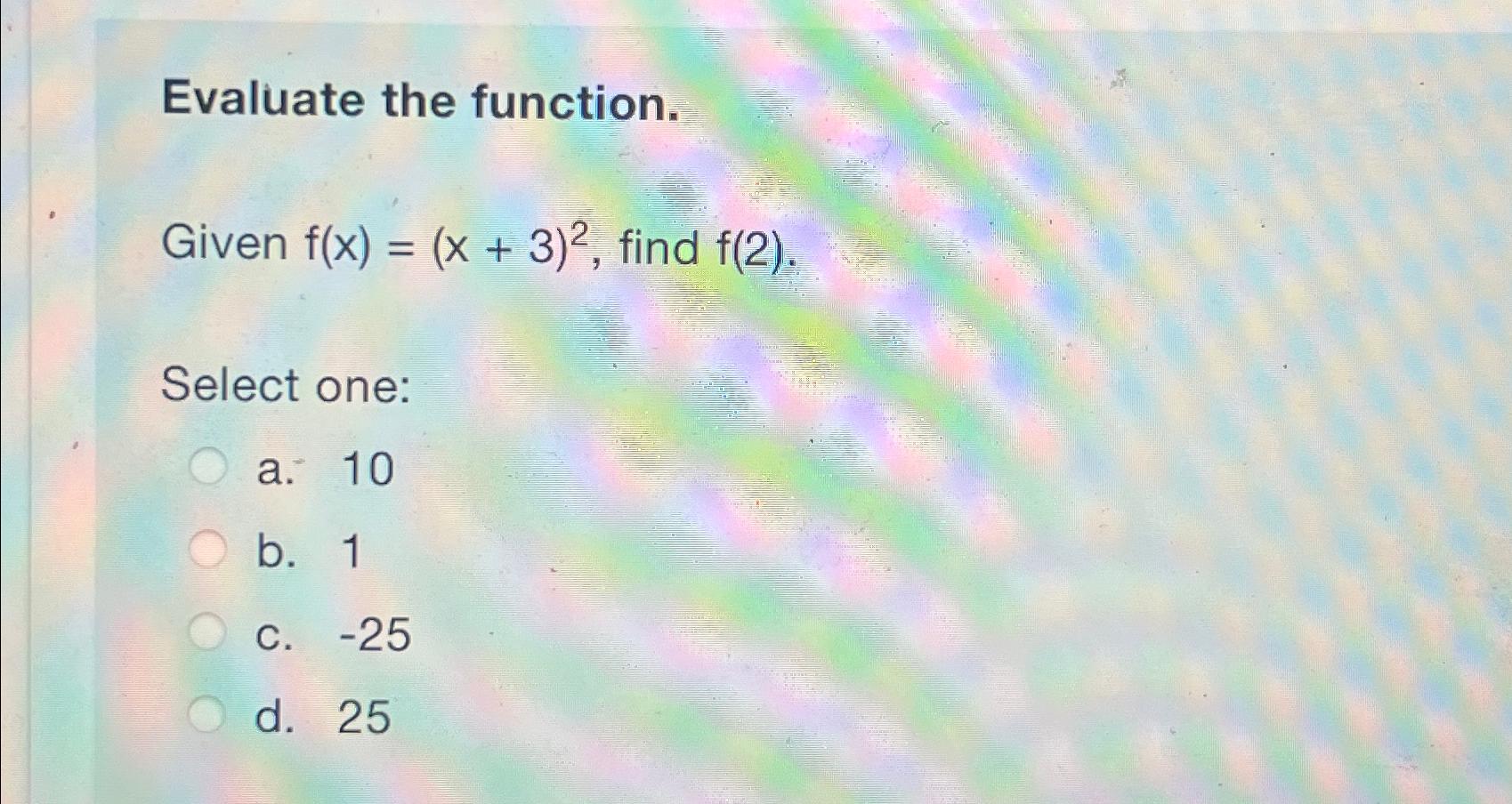 Solved Evaluate the function.Given f(x)=(x+3)2, ﻿find | Chegg.com