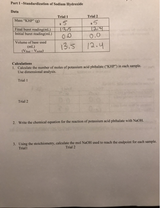 Solved Part 1 -Standardization of Sodium Hydroxide Data | Chegg.com